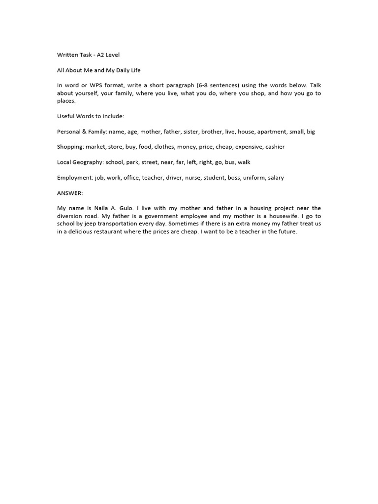 Parts of Speech Written Task | PDF