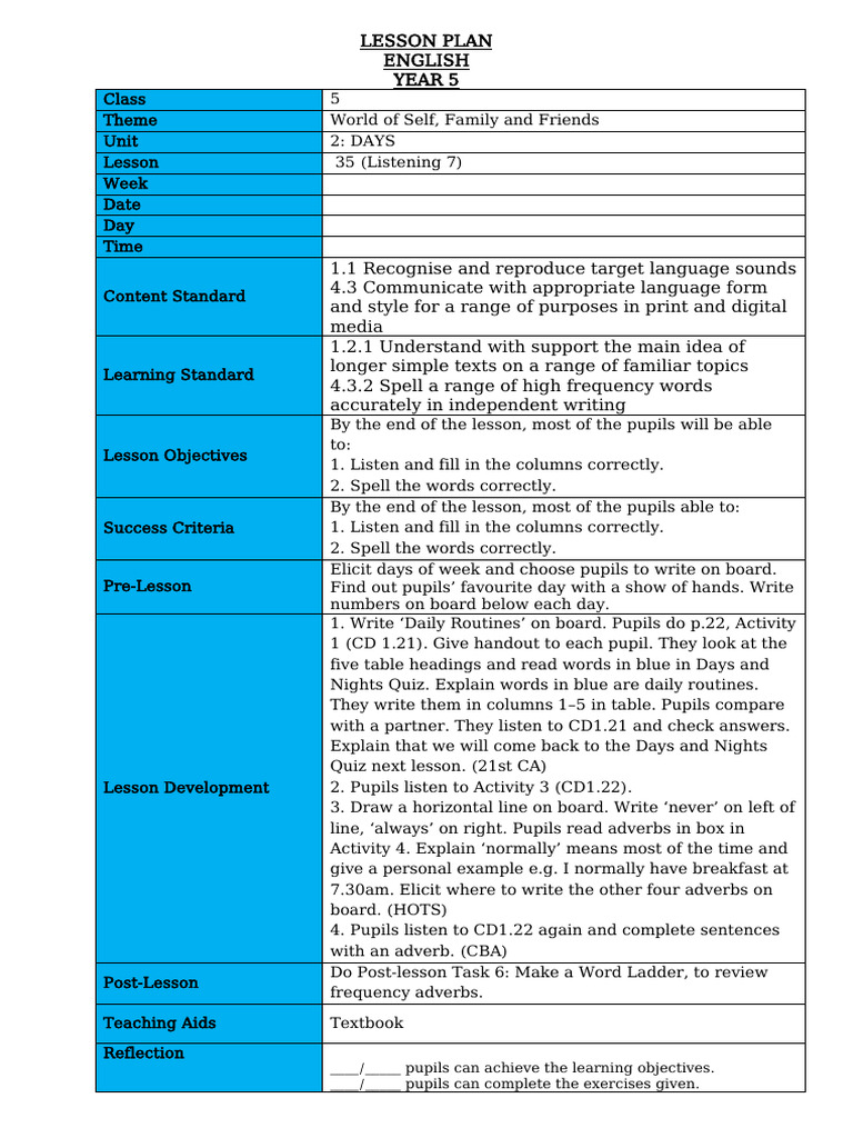 Year 5 English Lesson Plans: Days | PDF | Lesson Plan | Teachers