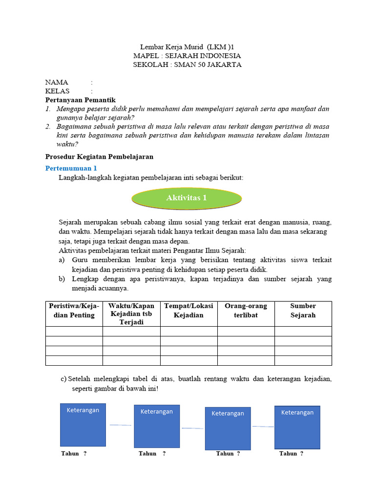 Lembar Kerja Sejarah untuk Siswa SMAN 50 | PDF