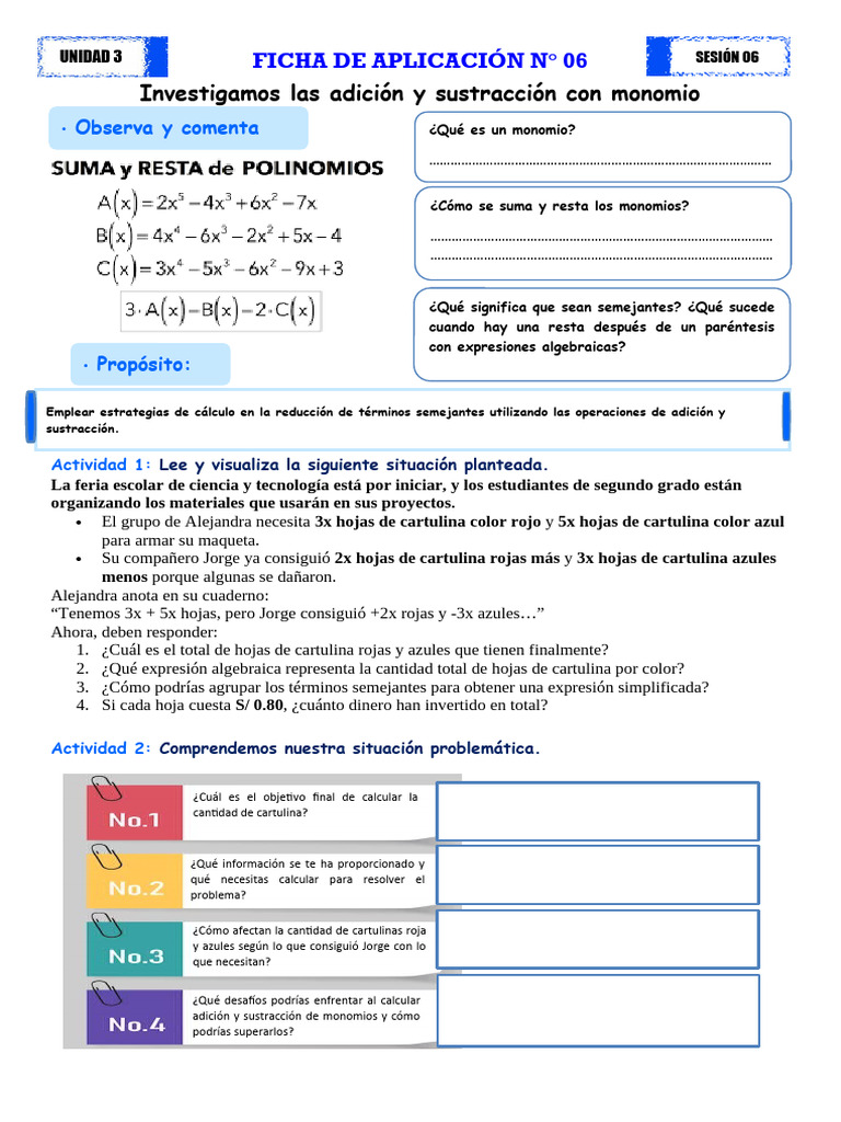 Ficha 6 U4 Mat 2do Sec | PDF | Sustracción | Álgebra