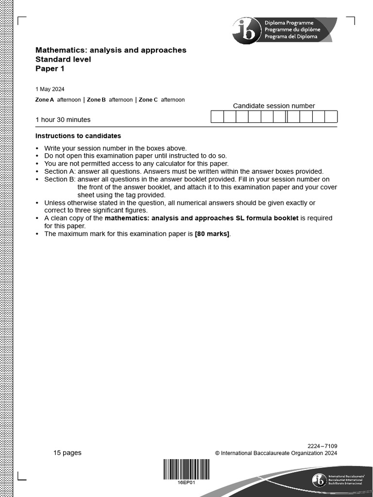 Mathematics Analysis and Approaches Paper 1 TZ2 SL | PDF | Mathematics