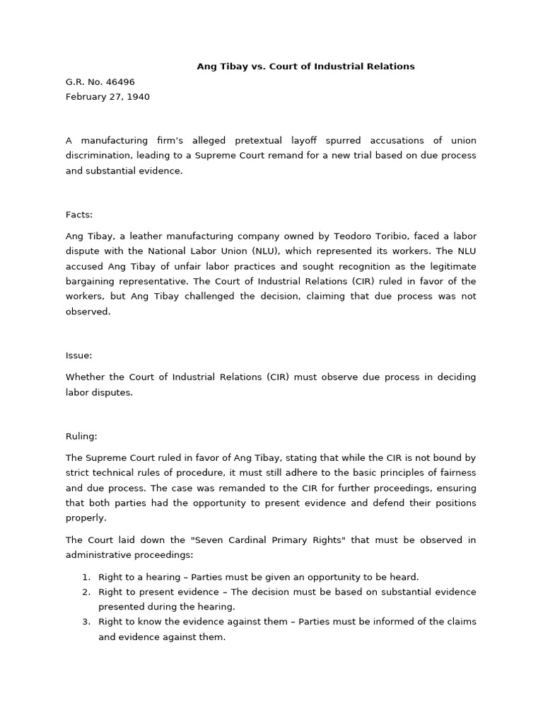 Ang Tibay: Due Process in Labor Disputes | PDF | Due Process ...