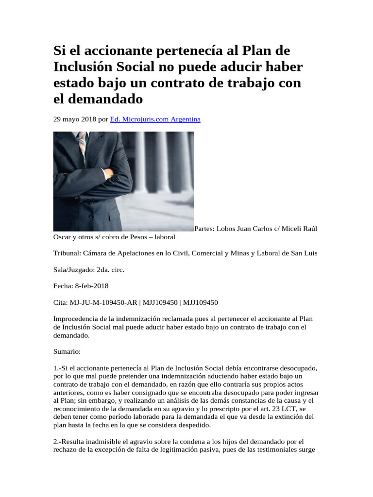 Si El Accionante Pertenecía Al Plan de Inclusión Social No Puede Aducir ...