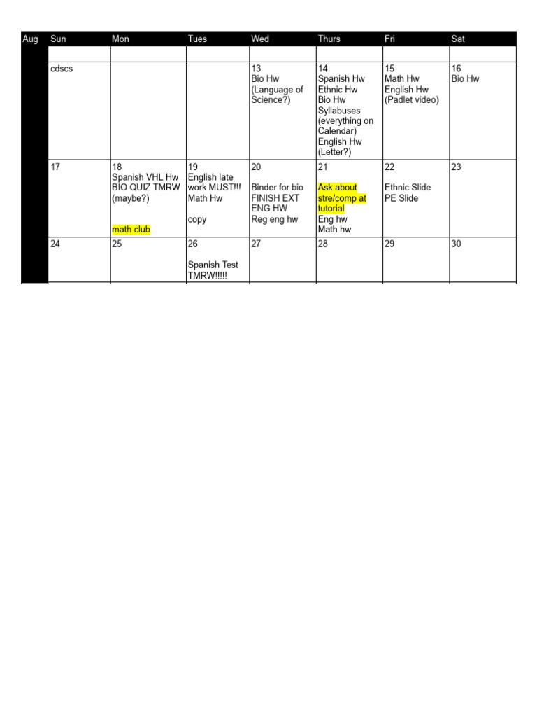 School Homework and Calendar Schedule | PDF
