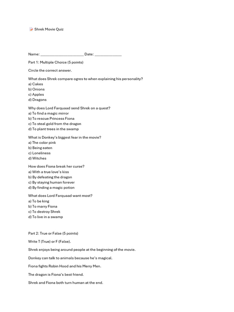 Shrek Quiz | PDF