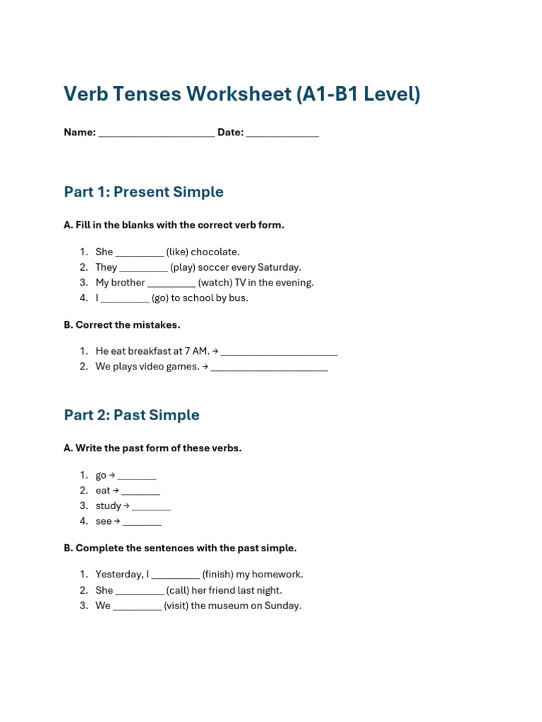 Verb Tenses Worksheet with Answers | PDF