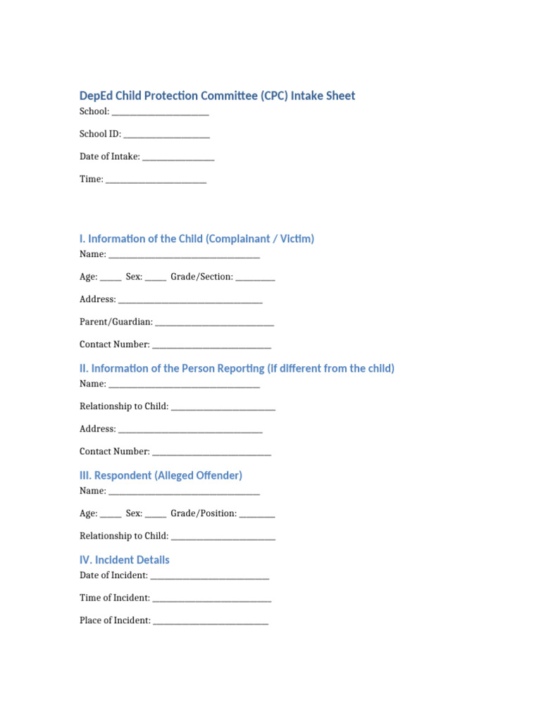 DepEd CPC Intake Sheet | PDF