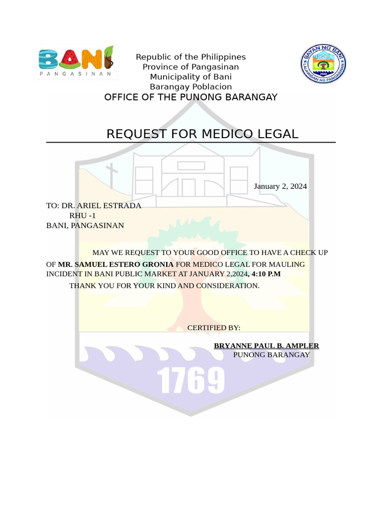 Medico Legal Request for Samuel Gronia | PDF