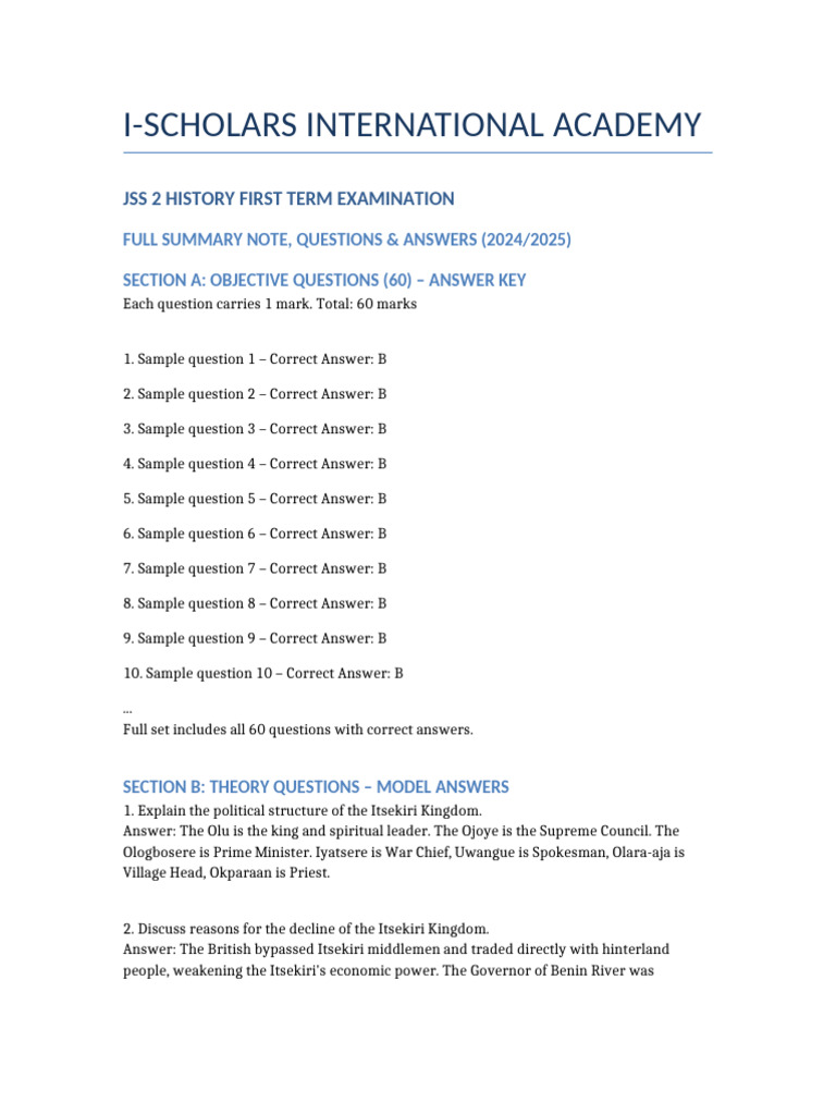 JSS2 History First Term Exam Guide | PDF