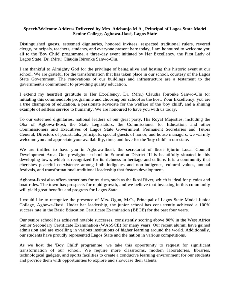 Principal's Welcome Address | PDF