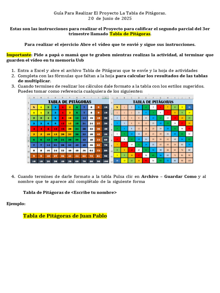 Proyecto: Tabla de Pitágoras en Excel | PDF