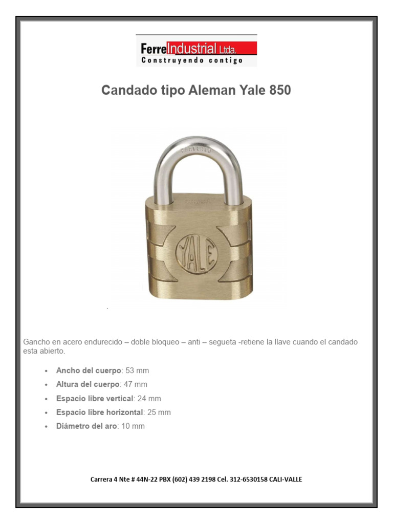 Candado Alemán Yale 850: Especificaciones | PDF