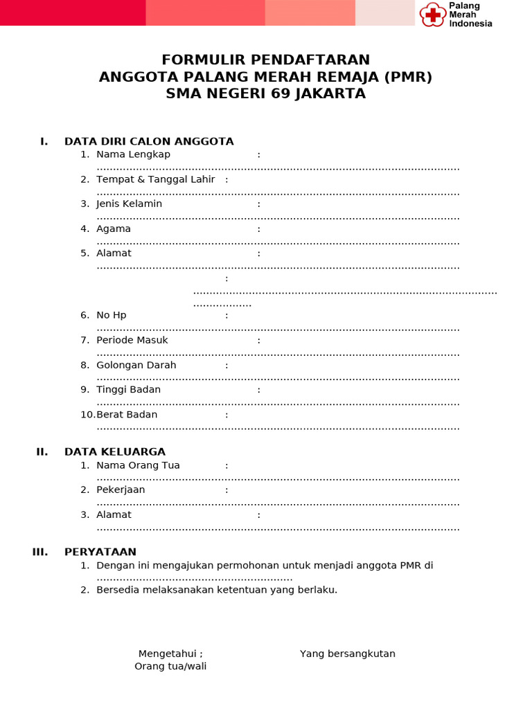 Formulir Pendaftaran Anggota PMR SMA 69 | PDF