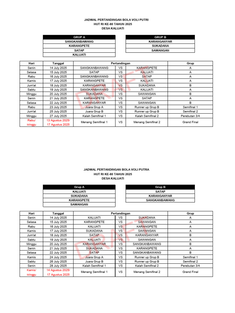 Jadwal Pertandingan HUT RI 2025 | PDF