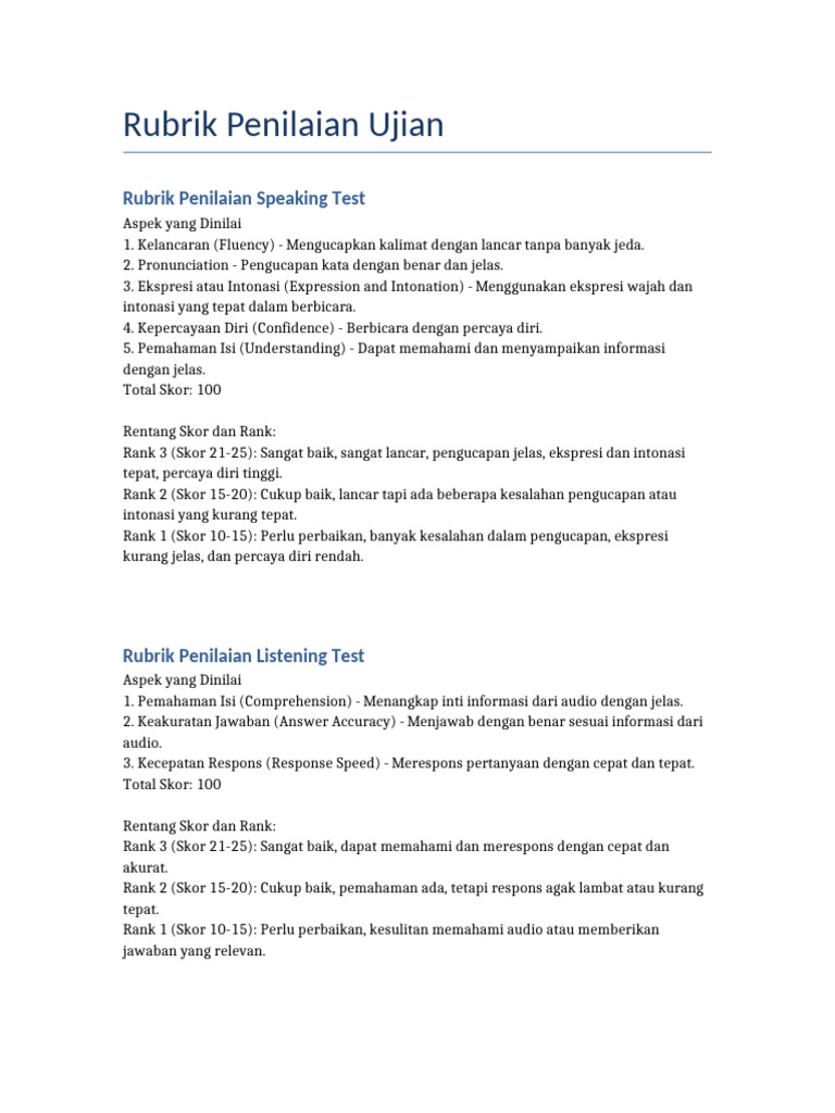 Rubrik Penilaian Speaking Test | PDF