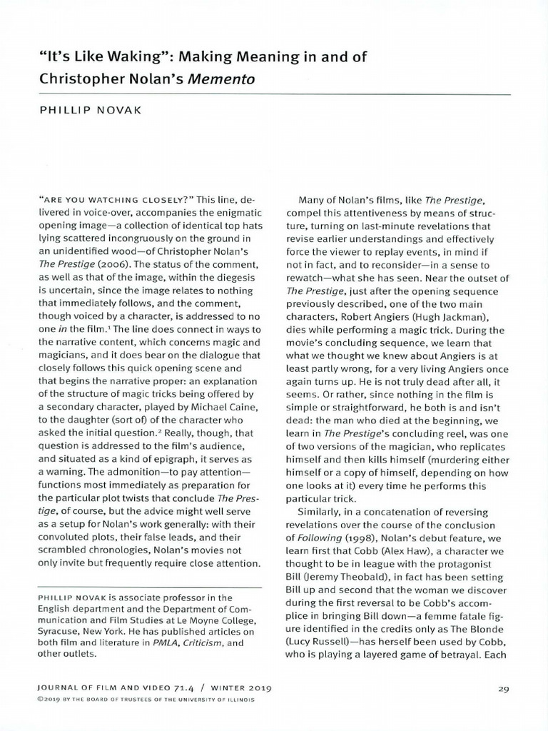 It's Like Waking Making Meaning in and of Christopher Nolan's Memento | PDF