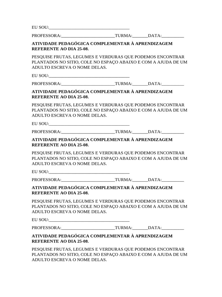 Atividade Complementar para 25-08. G6B | PDF | Pedagogia | Legumes
