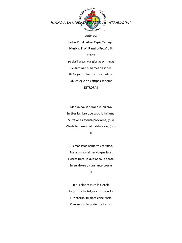 Himno a la Unidad Educativa Atahualpa | PDF