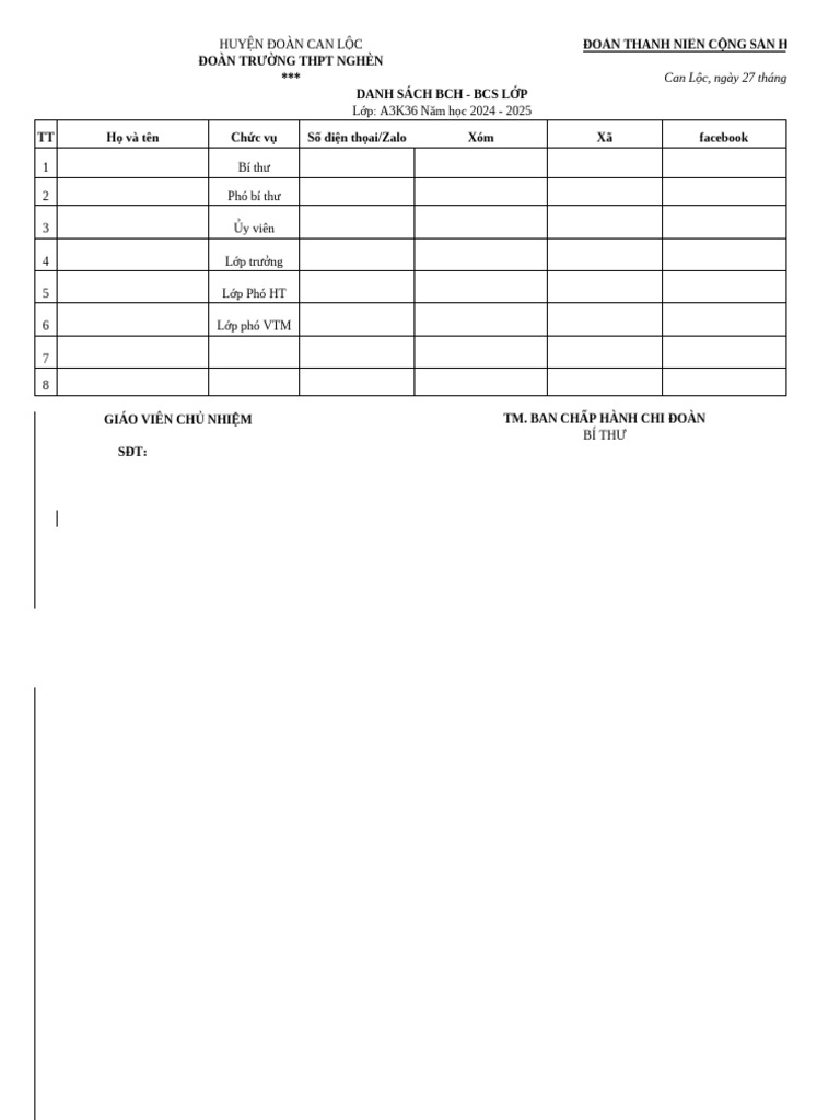11a3 Danh Sách BCH - BCS Lớp 2023-2024 | PDF