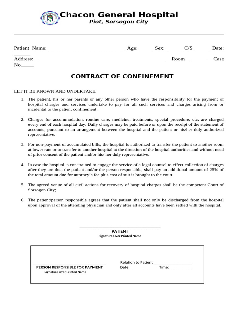 Hospital Confinement Agreement Form | PDF | Patient | Hospital