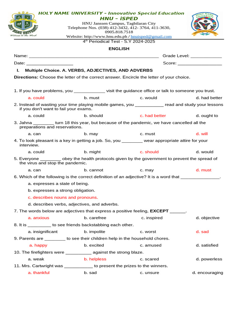 4th Grading Test Questionnare | PDF | Adjective | Books