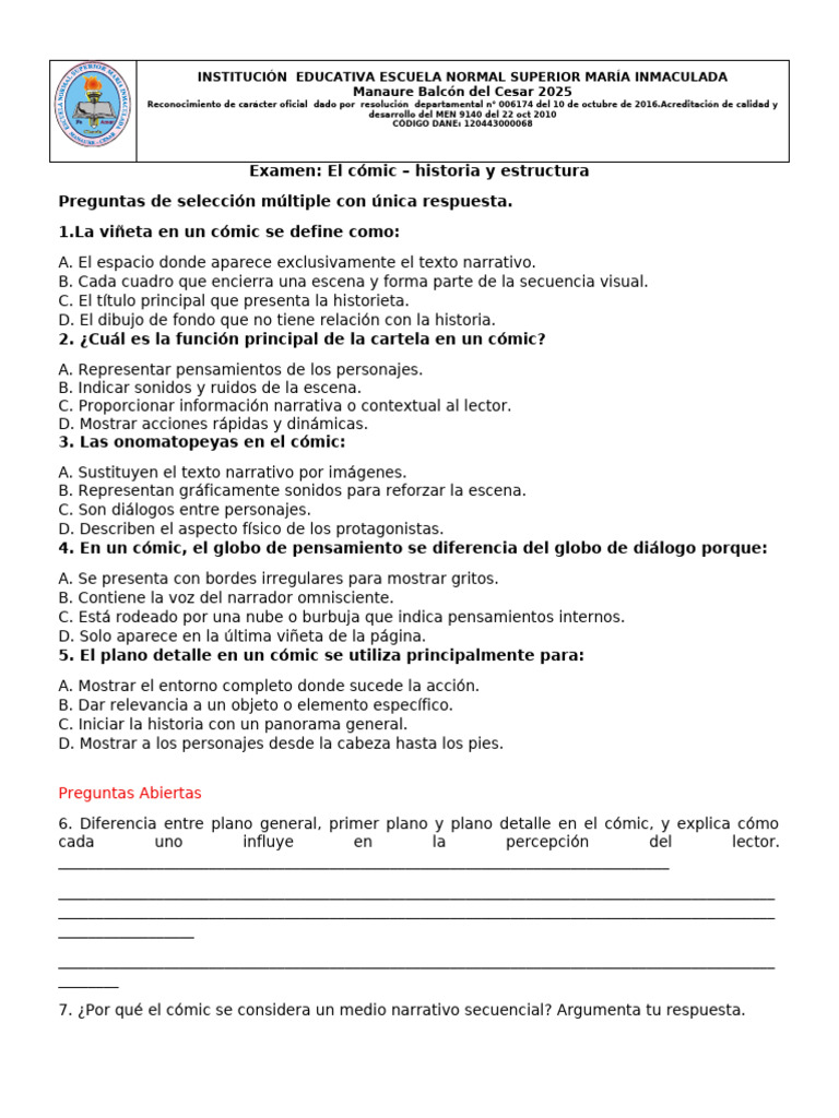 Examen sobre el cómic y su estructura | PDF | Cómics | Narración