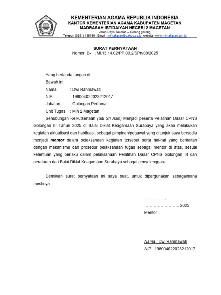 Surat Keterangan Mentor | PDF
