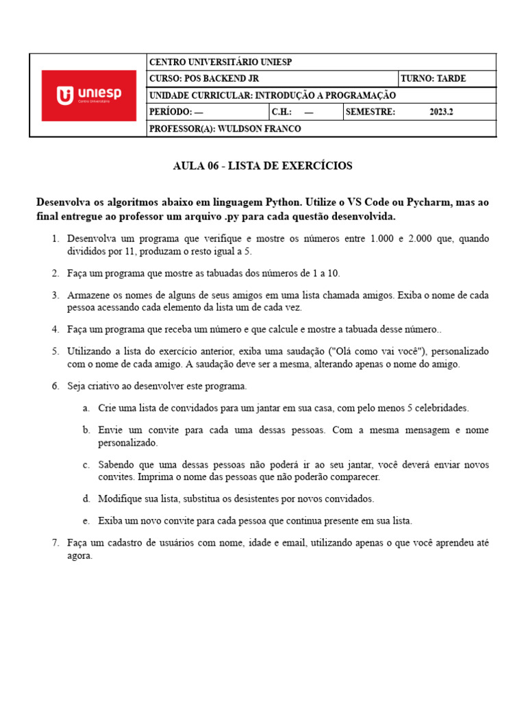 Lista de Exercícios em Python | PDF