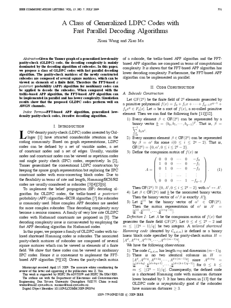 Fast Parallel Decoding Of Generalized Ldpc Codes Using Fft Pdf Low Density Parity Check Code 8000