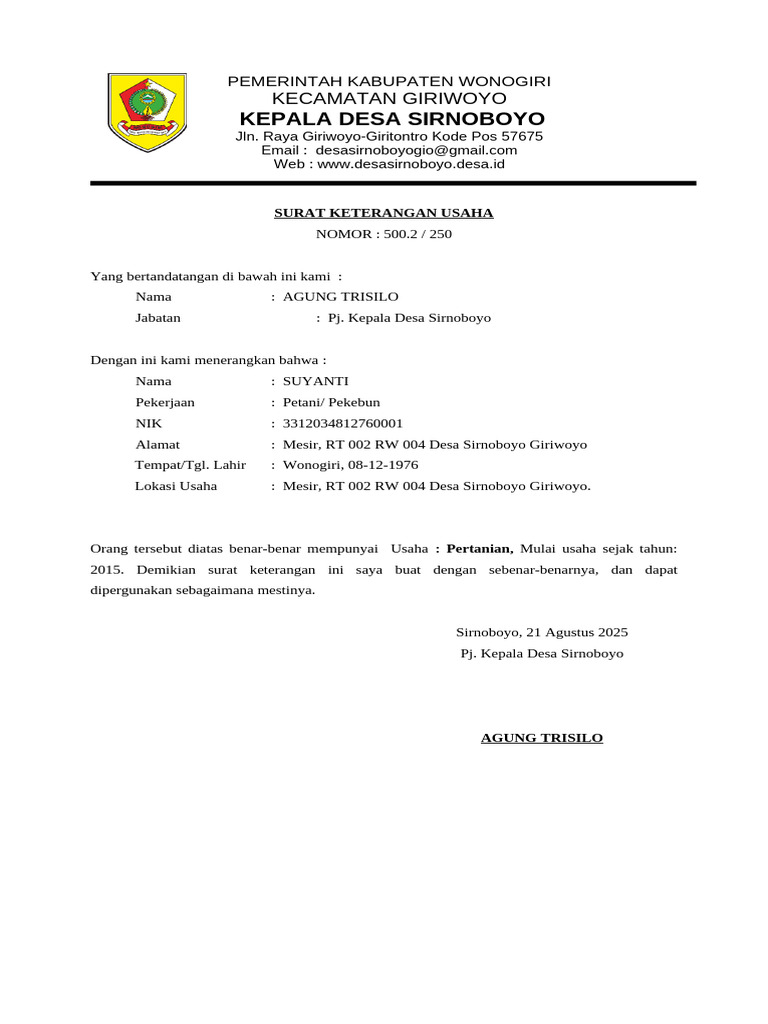 Surat Keterangan Usaha Petani Suyanti | PDF