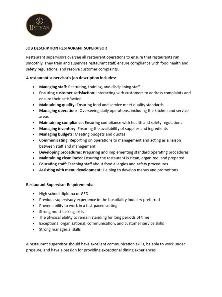 Restaurant Supervisor Job Description | PDF
