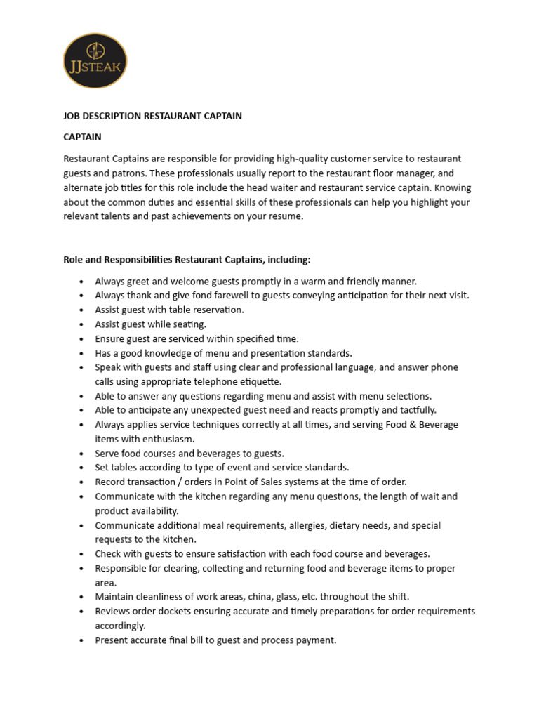 Job Description Restaurant Captain | PDF | Restaurants | Menu