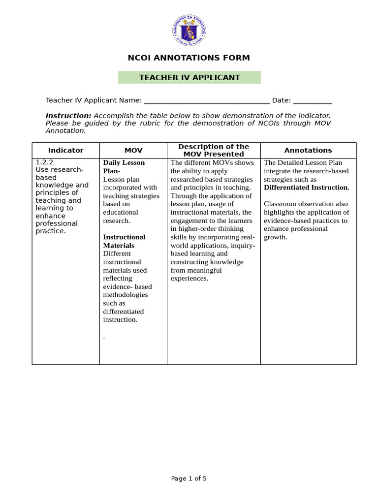 NCOI Annotations Form For Teacher IV Applicant Final | PDF | Lesson Plan | Differentiated ...