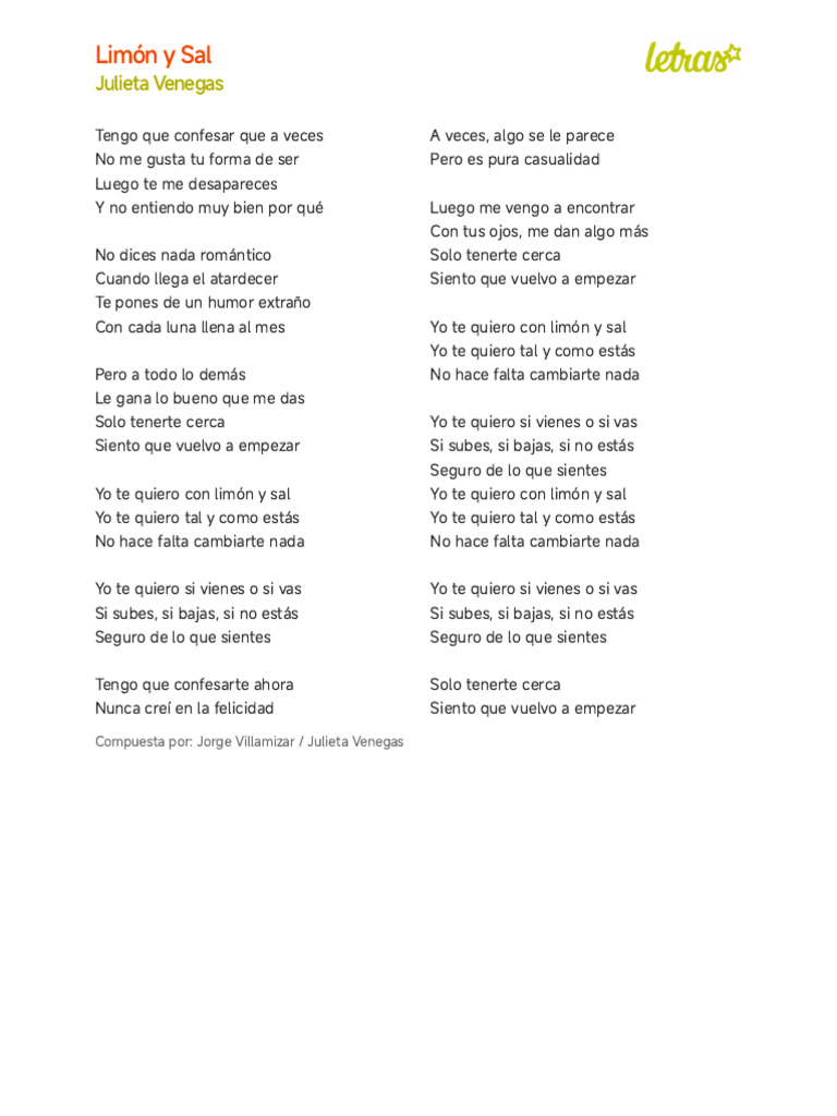 Letra de "Limón y Sal" para Imprimir | PDF