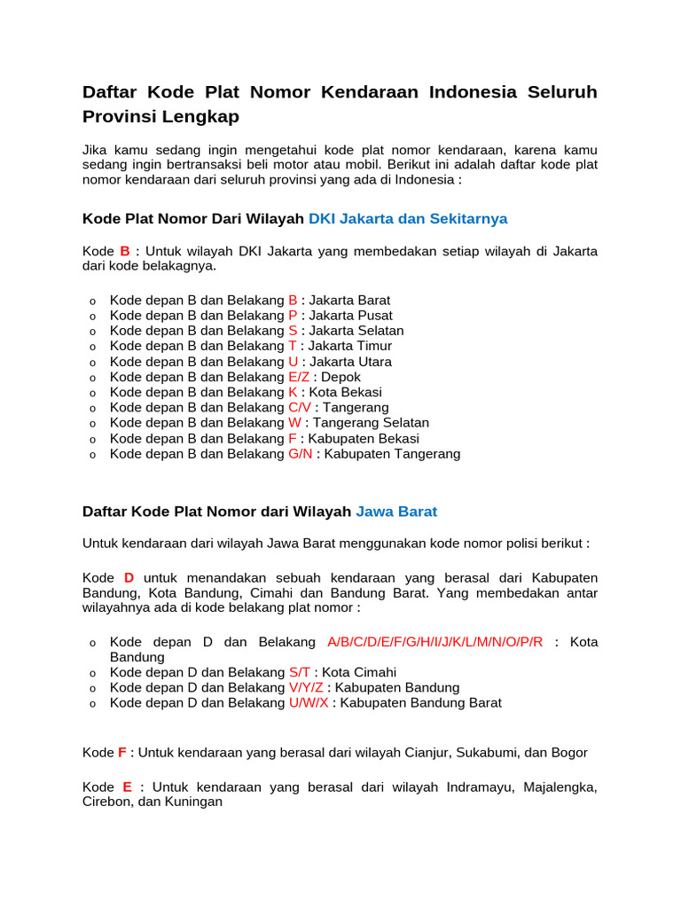 Kode Plat Nomor Kendaraan Indonesia | PDF