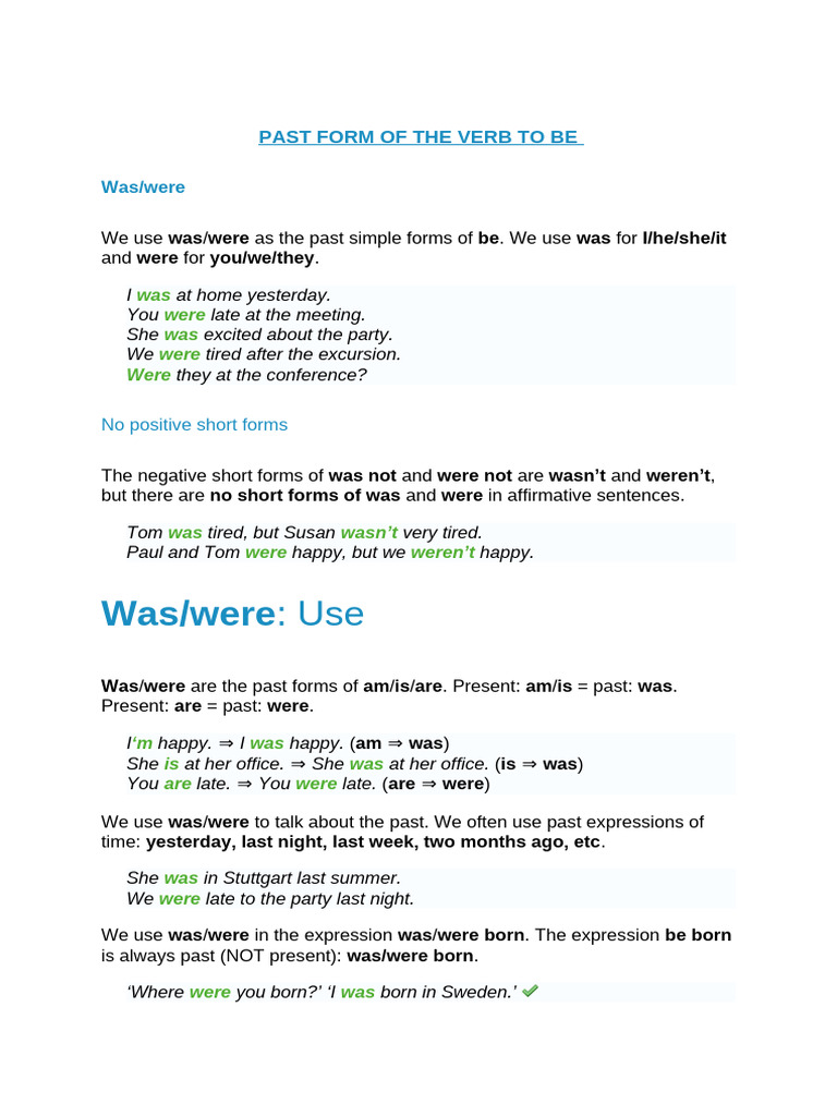 Verb To Be (PAST) - Was & Were | PDF
