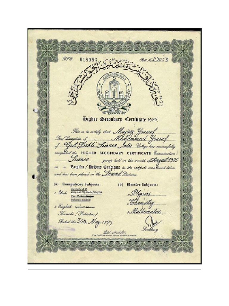 Karachi Sindh Board Intermediate Certificate | PDF