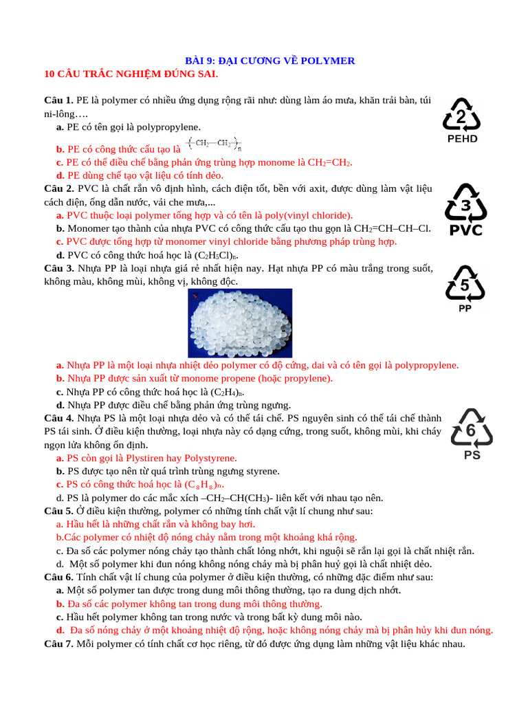 Đúng Sai Và Trả Lời Ngắn Polymer | PDF