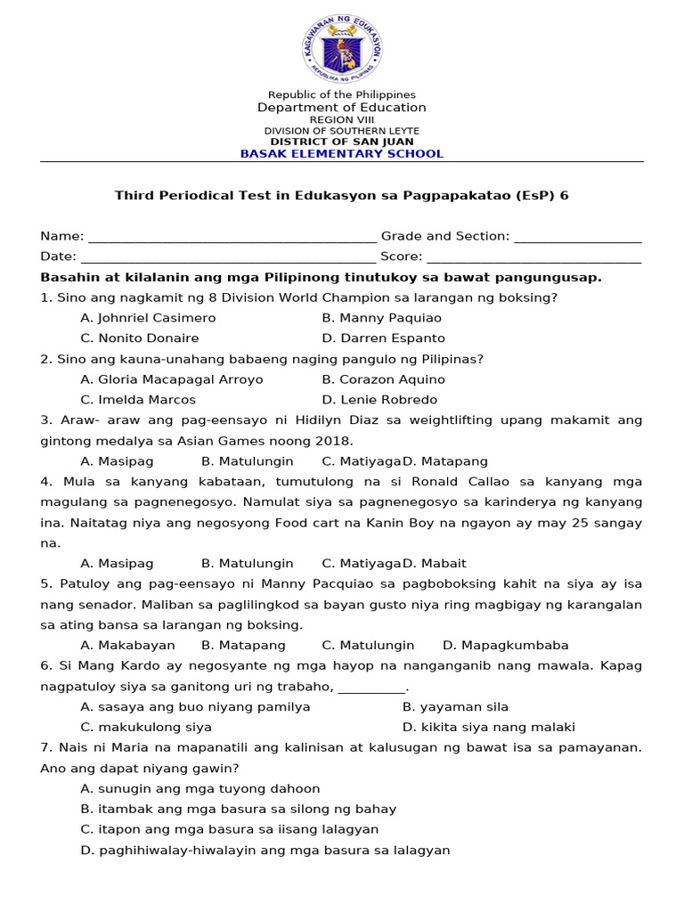 Third Periodical Test in EsP 6 | PDF