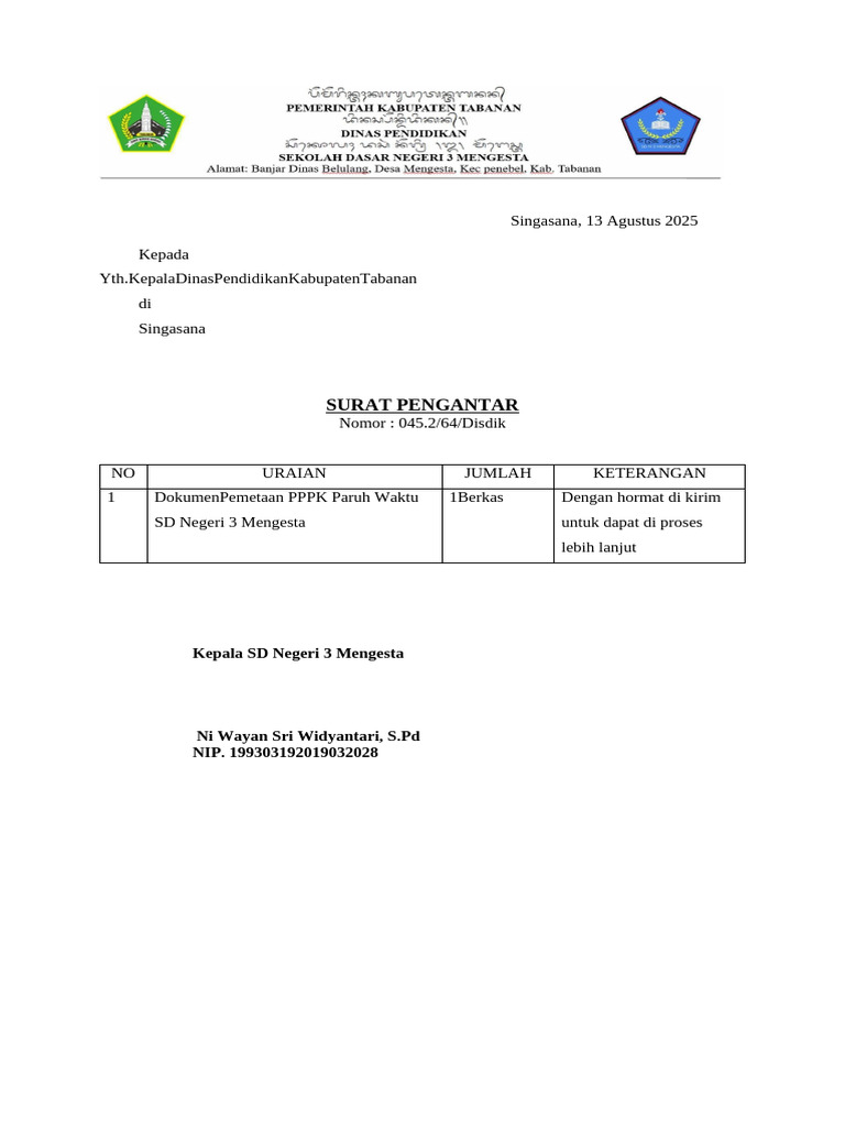 Surat Pengantar Pemetaan PPPK Tabanan | PDF