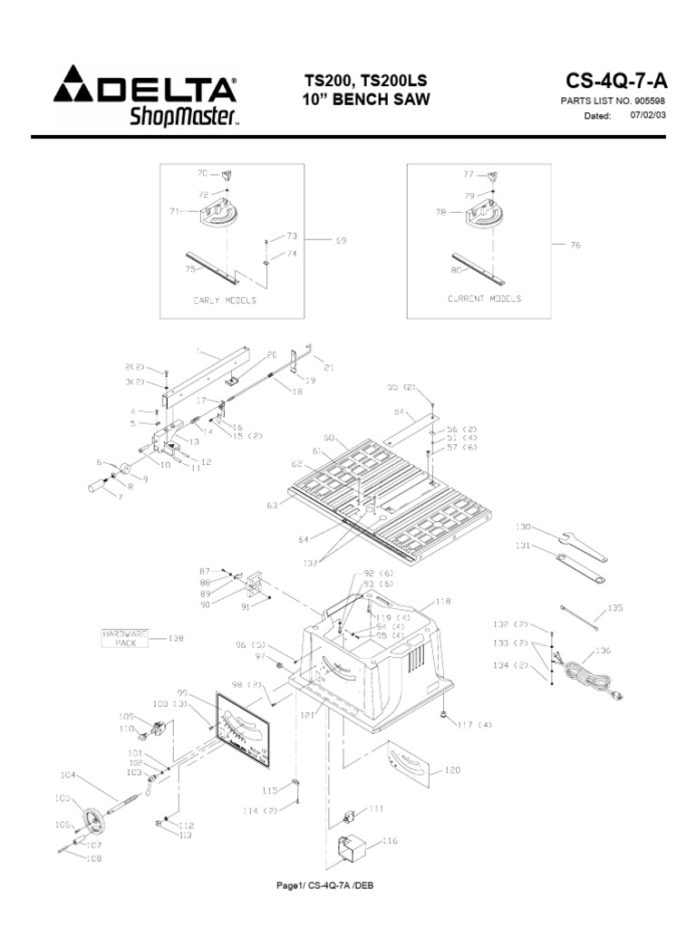 Delta TS200 Table Saw Parts List | PDF | Screw | Machines