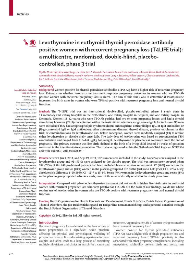 Levothyroxine in Euthyroid Thyroid Peroxidase Antibody Positive Women ...