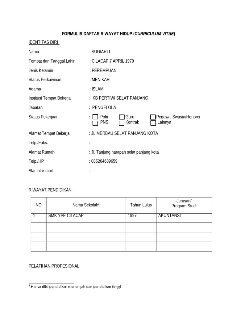 Contoh Formulir Daftar Riwayat Hidup Pemohon (Form 7 F07) | PDF