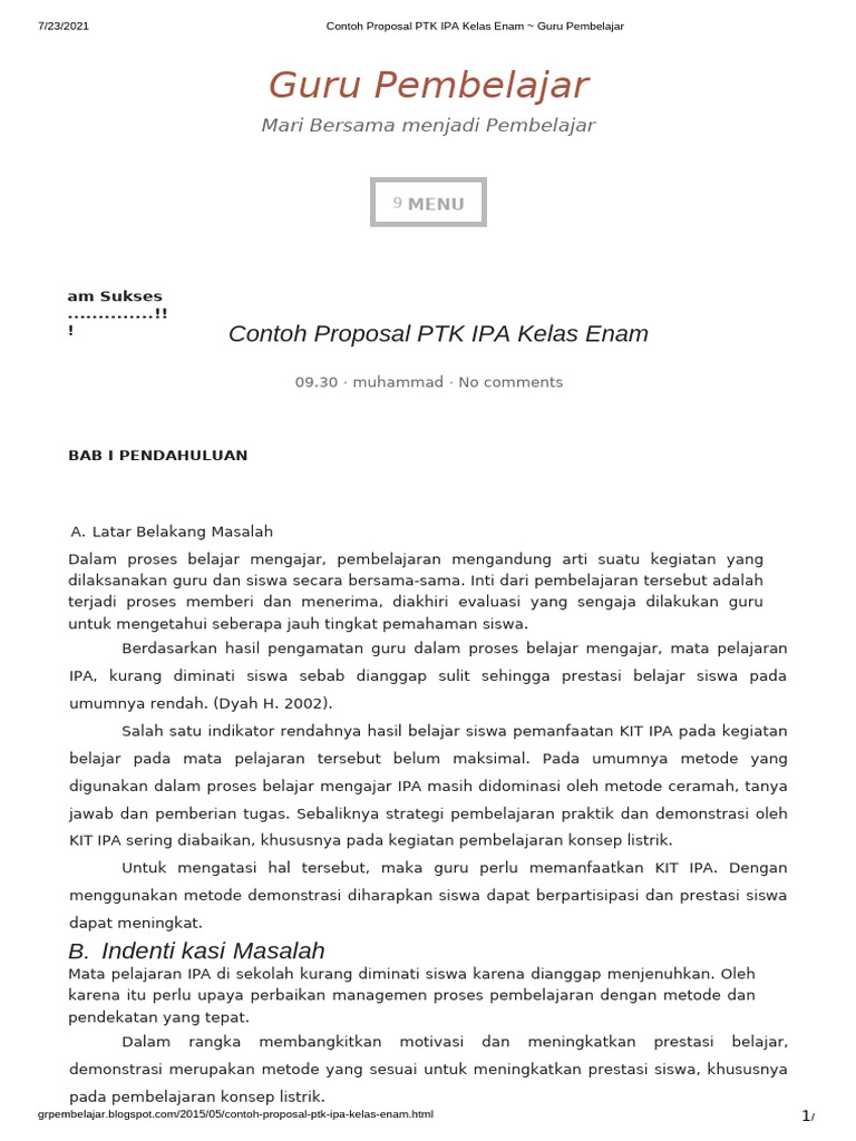Contoh Proposal PTK IPA Kelas Enam - Guru Pembelajar-Dikonversi | PDF