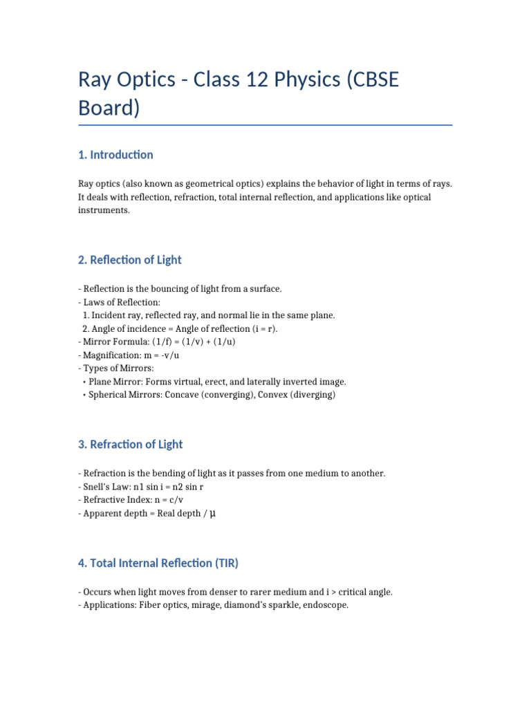 Class 12 Ray Optics Notes | PDF