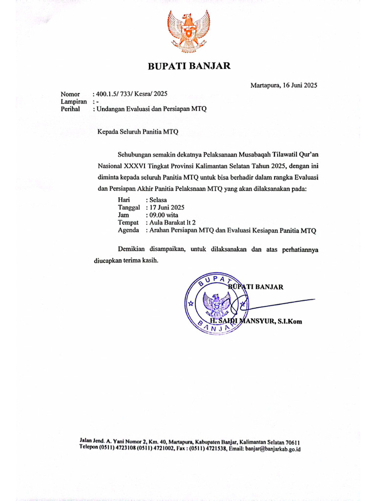 Surat Undangan Evaluasi Dan Persiapan MTQ 17 Juni 2025 | PDF