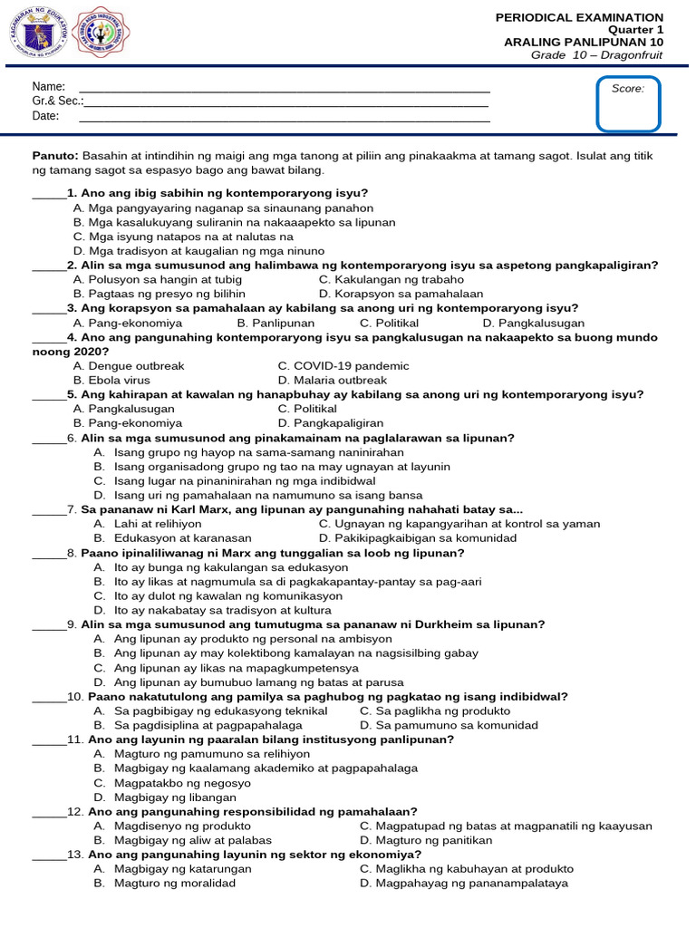 Q1 Periodical Test Ap 10 Pdf