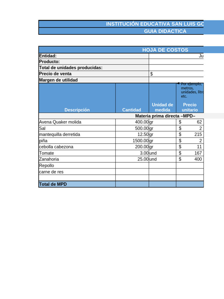 Formato Tabla de Costos MPD-1 | PDF