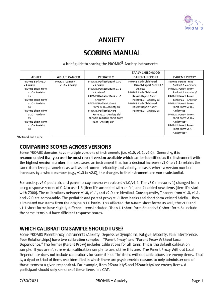 PROMIS Anxiety Scoring Manual | PDF | Standard Score | Standard Deviation