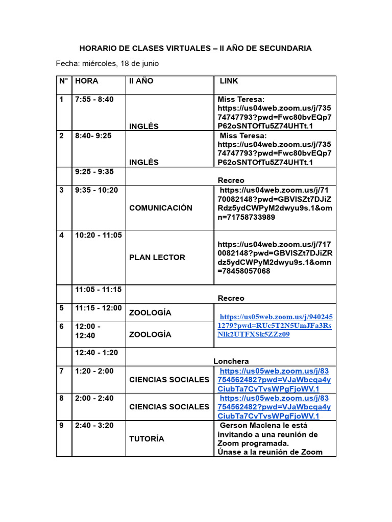 HORARIO DE CLASES VIRTUALES-2DO SEC.docx (1) | PDF